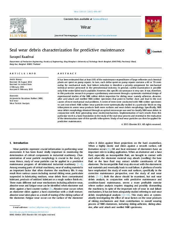 (PDF) Seal wear debris characterization for predictive maintenance