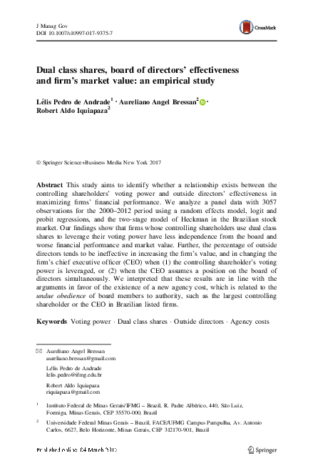 (PDF) Dual class shares, board of directors’ effectiveness and firm’s ...
