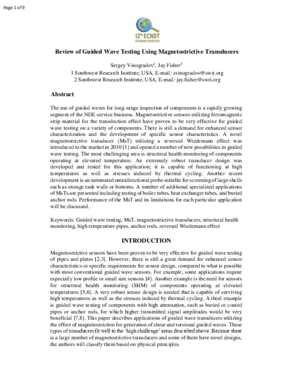 (PDF) Review of Guided Wave Testing Using Magnetostrictive Transducers