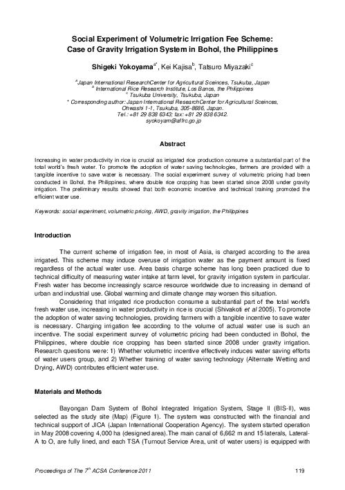 (PDF) Social experiment of volumetric irrigation fee scheme: case of gravity irrigation system ...