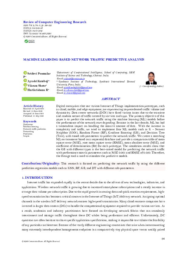 (PDF) Machine Learning Based Network Traffic Predictive Analysis