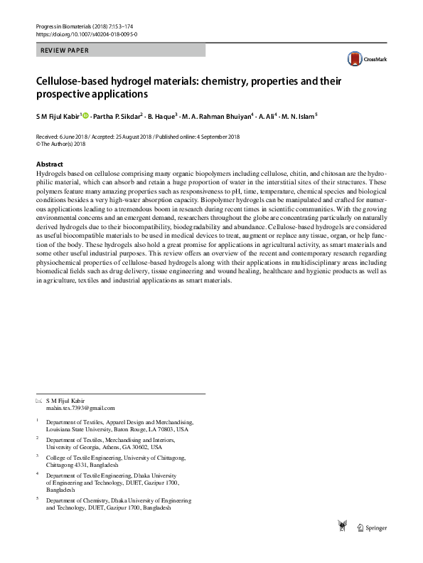 (PDF) Cellulose-based hydrogel materials: chemistry, properties and ...