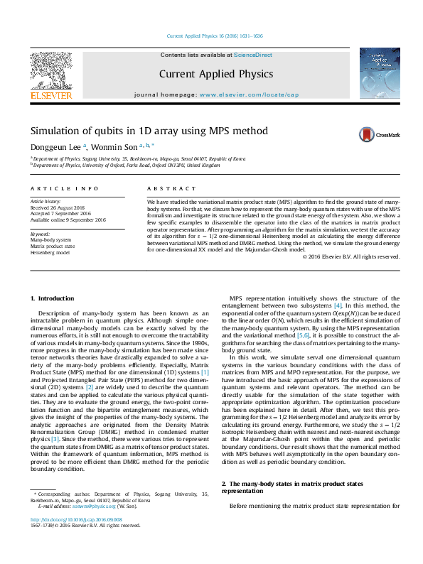 (PDF) Simulation of qubits in 1D array using MPS method