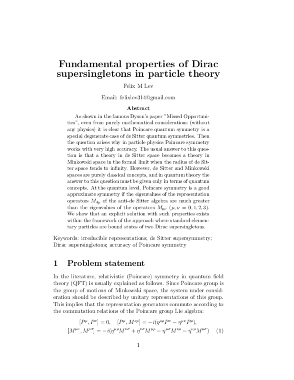 (PDF) Fundamental properties of Dirac supersingletons in particle theory