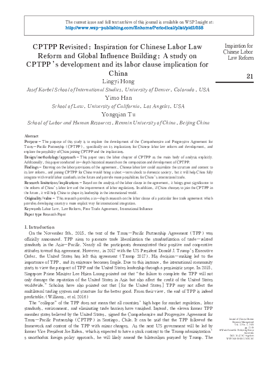 (PDF) CPTPP Revisited：Inspiration for Chinese Labor Law Reform and ...