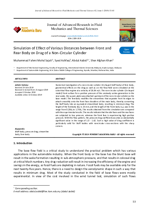 (PDF) Simulation of Effect of Various Distances between Front and Rear Body on Drag of a Non ...