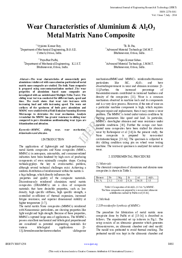 (PDF) Wear Characteristics of Aluminium & Al2O3 Metal Matrix Nano Composite