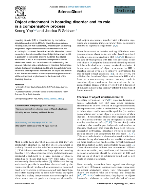 (PDF) Object attachment in hoarding disorder and its role in a ...