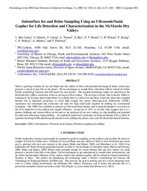 (PDF) Subsurface ice and brine sampling using an ultrasonic/sonic gopher for life detection and ...
