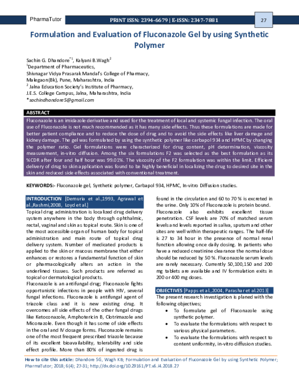 (PDF) Formulation and Evaluation of Fluconazole Gel by using Synthetic ...