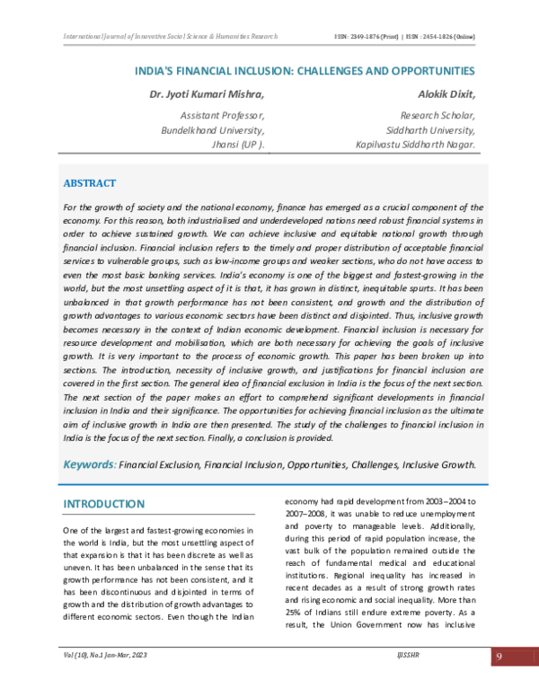 (PDF) INDIA'S FINANCIAL INCLUSION: CHALLENGES AND OPPORTUNITIES
