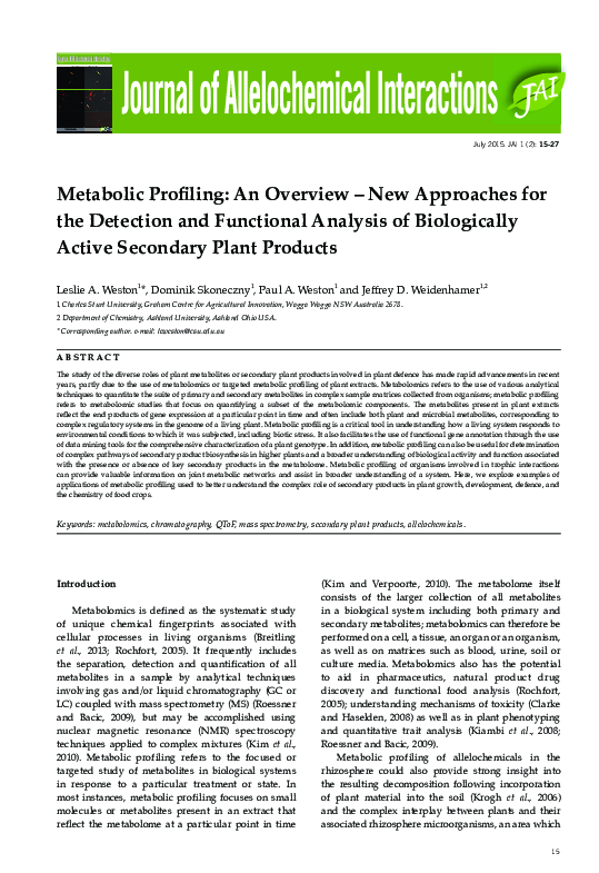 (PDF) Metabolic profiling: An overview - new approaches for the detection and functional ...