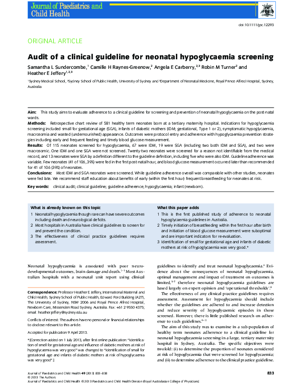 (PDF) Evaluating Adherence to Neonatal Hypoglycaemia Guidelines