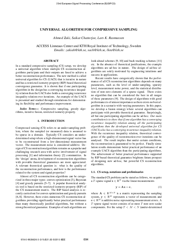 (PDF) Universal algorithm for compressive sampling