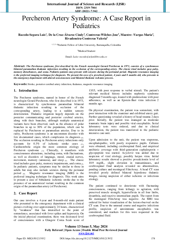 (PDF) Percheron Artery Syndrome: A Case Report in Pediatrics
