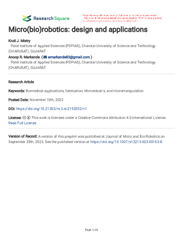 (PDF) Micro(bio)robotics: design and applications