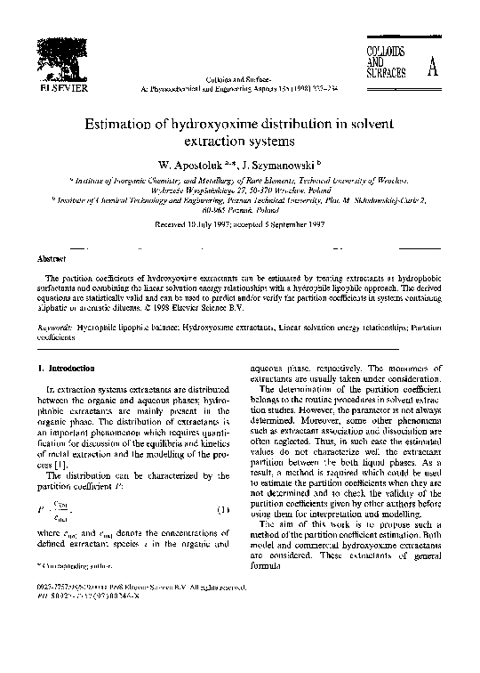 (PDF) Estimation of hydroxyoxime distribution in solvent extraction systems