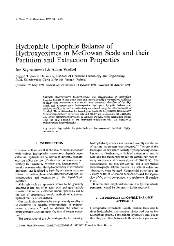 (PDF) Hydrophile lipophile balance of hydroxyoximes in McGowan scale ...