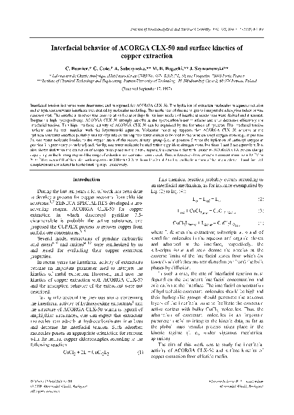 (PDF) Interfacial behavior of ACORGA CLX-50 and surface kinetics of copper extraction