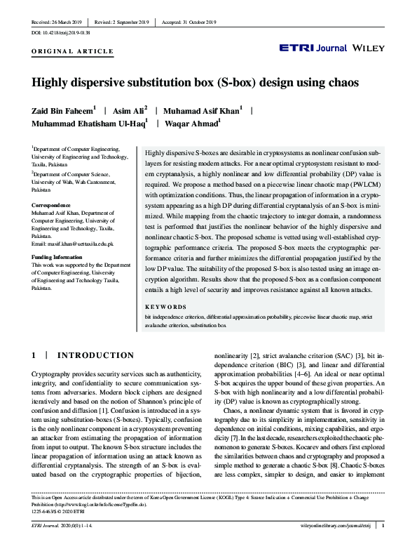 (PDF) Highly dispersive substitution box (S‐box) design using chaos