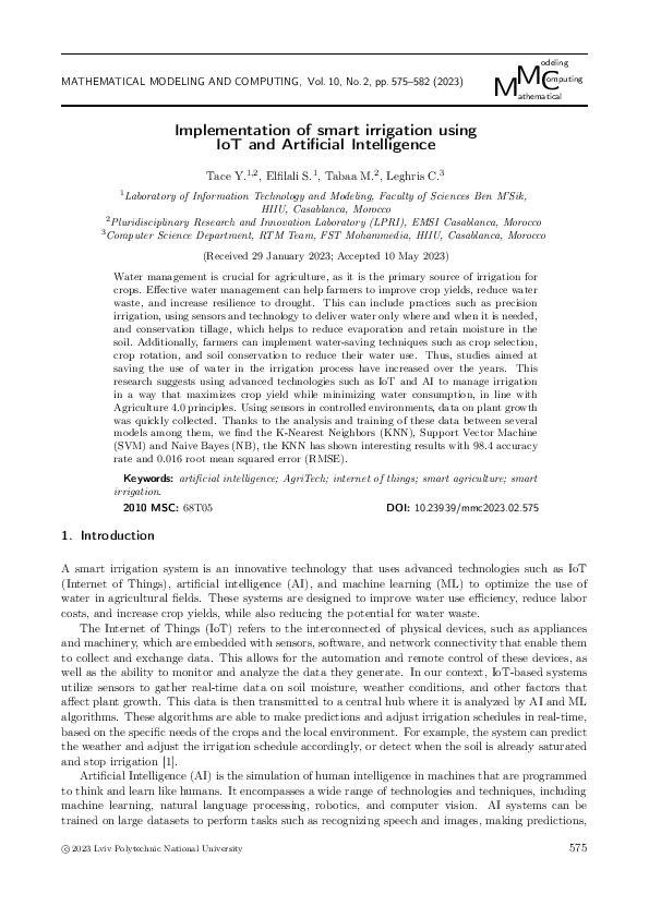 (PDF) Implementation of smart irrigation using IoT and Artificial Intelligence