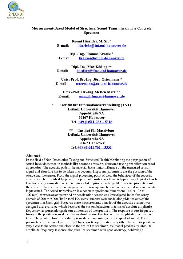 (PDF) Measurement-Based Model of Structural Sound Transmission in a ...