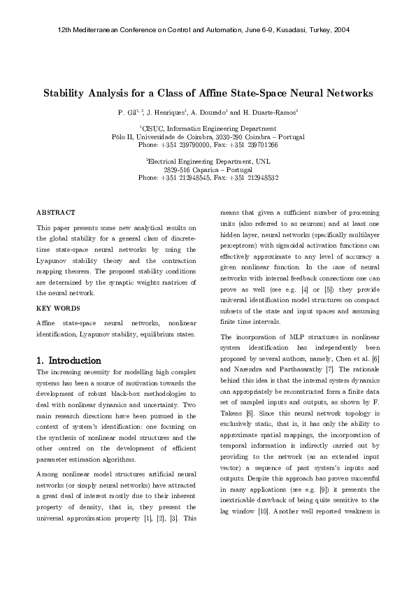 (PDF) Stability analysis for a class of affine state-space neural networks | Jorge António ...