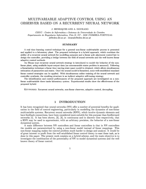 (PDF) Multivariable adaptive control using an observer based on a recurrent neural network