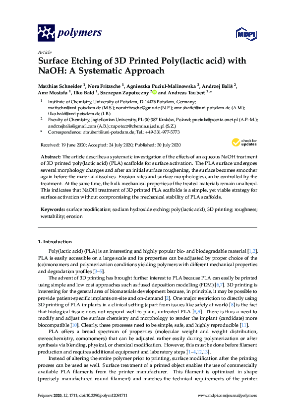 (PDF) Surface Etching of 3D Printed Poly(lactic acid) with NaOH: A Systematic Approach
