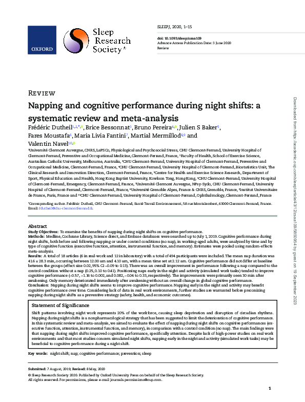 (PDF) Napping and cognitive performance during night shifts: a systematic review and meta-analysis