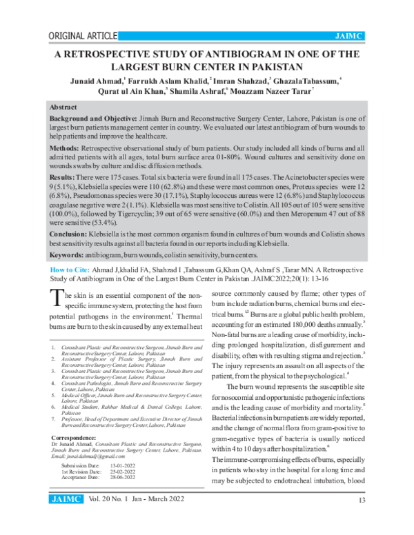 (PDF) A Retrospective Study of Antibiogram in One of the Largest Burn Center in Pakistan | imran ...