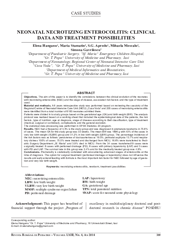 (PDF) Neonatal necrotizing enterocolitis: Clinical data and treatment ...