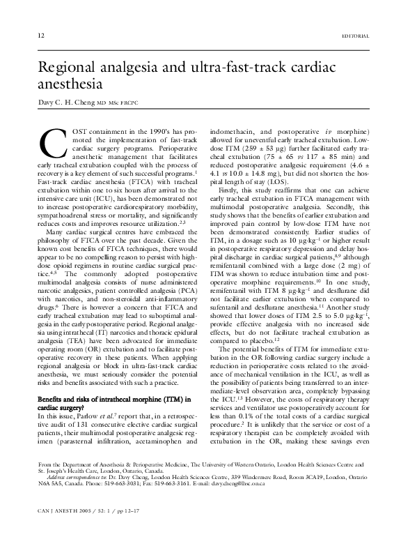 (PDF) Regional analgesia and ultra-fast-track cardiac anesthesia