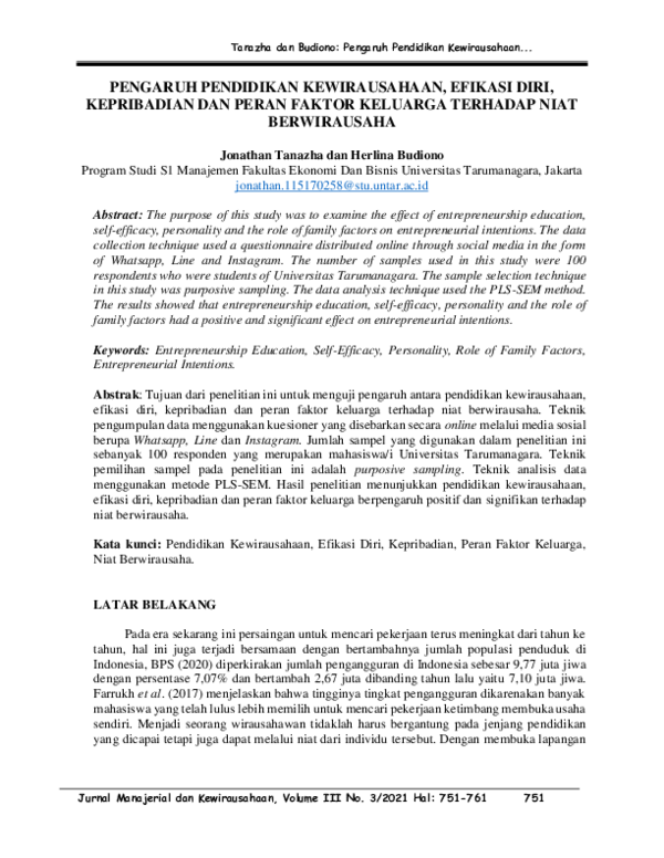 (PDF) Pengaruh Pendidikan Kewirausahaan, Efikasi Diri, Kepribadian Dan Peran Faktor Keluarga ...