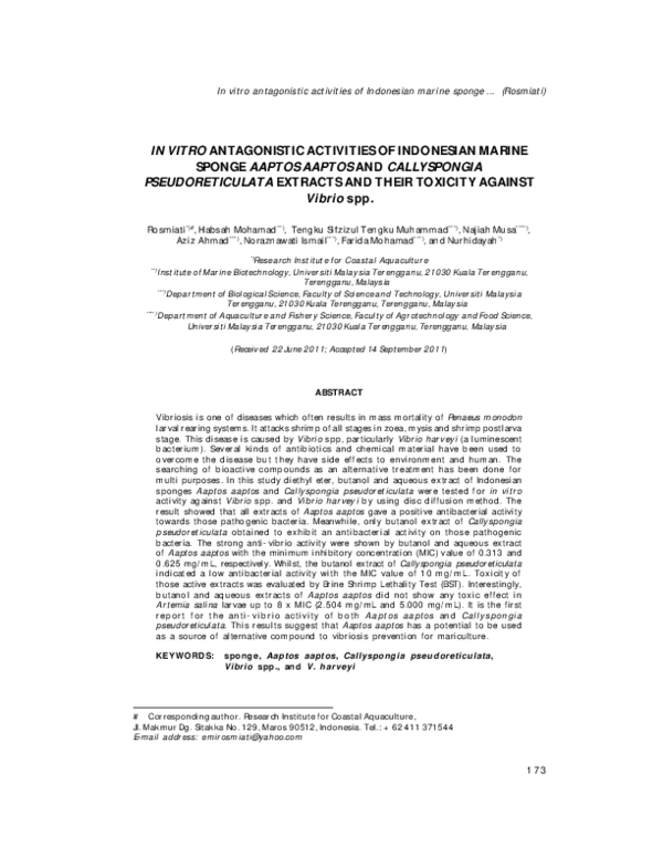(PDF) IN VITRO ANTAGONISTIC ACTIVITIES OF INDONESIAN MARINE SPONGE ...