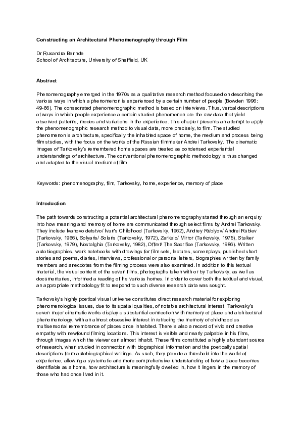 (PDF) Constructing an architectural phenomenography through film