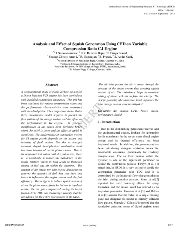 (PDF) Analysis and Effect of Squish Generation Using CFD on Variable Compression Ratio C.I Engine