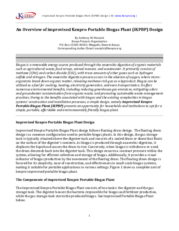 (PDF) An Overview of improvised Kenpro Portable Biogas Plant (iKPBP) Design