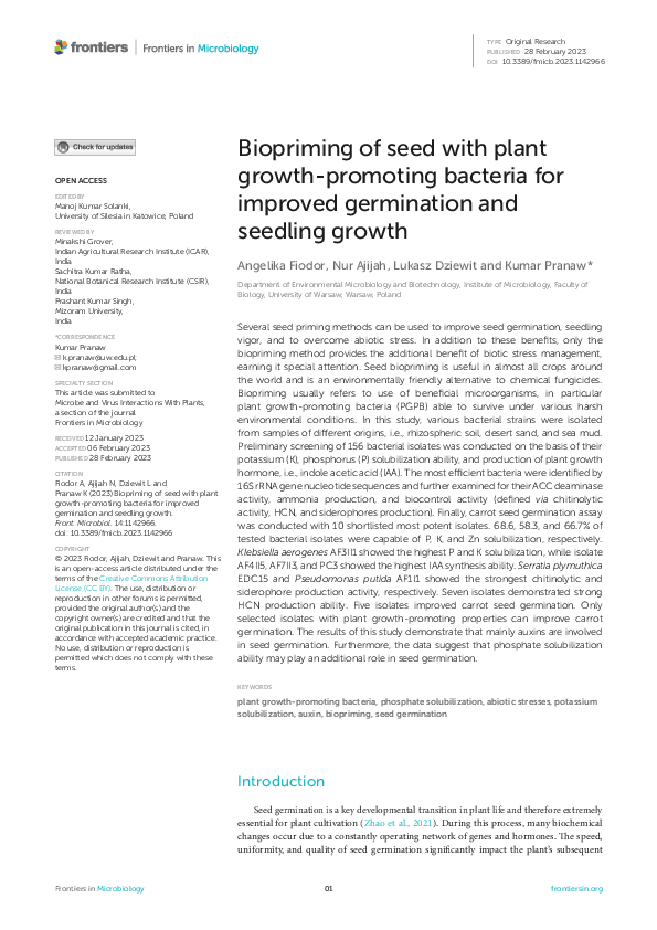(PDF) Biopriming of seed with plant growth-promoting bacteria for improved germination and ...