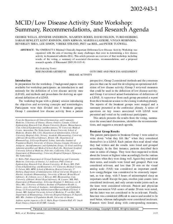 (PDF) MCID/Low Disease Activity State Workshop: summary, recommendations, and research agenda