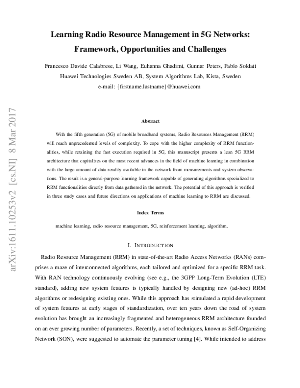 (PDF) Learning Radio Resource Management in 5G Networks: Framework, Opportunities and Challenges