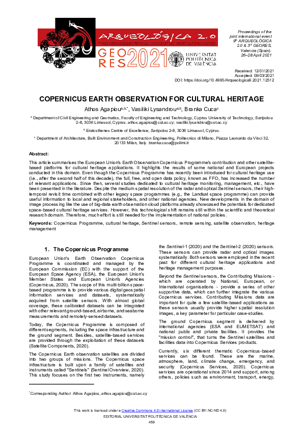 (PDF) Copernicus Earth Observation for Cultural Heritage