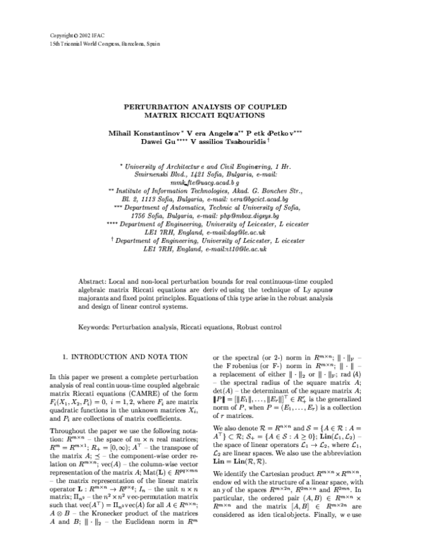 (PDF) Perturbation Analysis of Coupled Matrix Riccati Equations