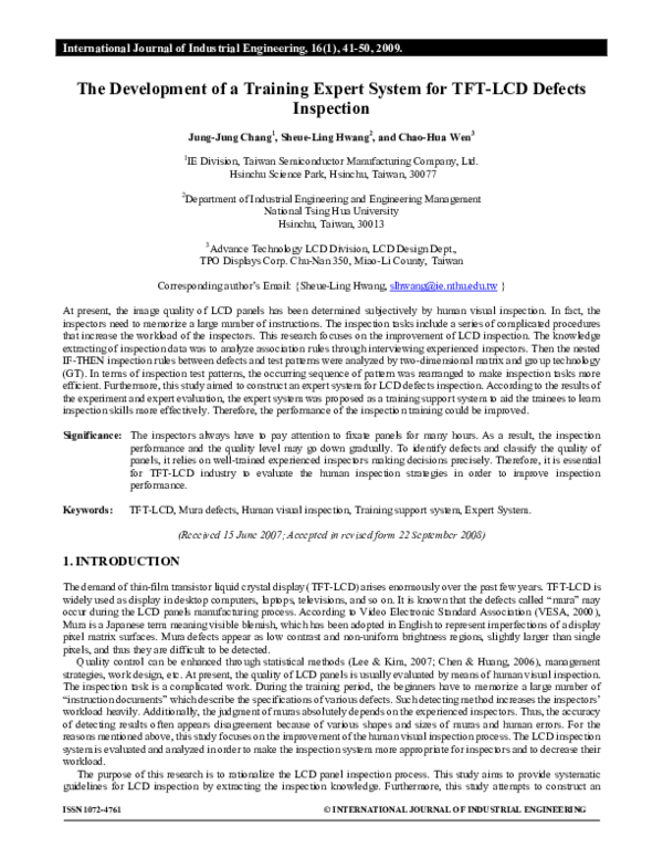 (PDF) The Development of a Training Expert System for TFT-LCD Defects Inspection | Chao-hua Wen ...