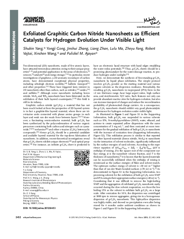 (PDF) Exfoliated graphitic carbon nitride nanosheets for visible light photocatalytic ...