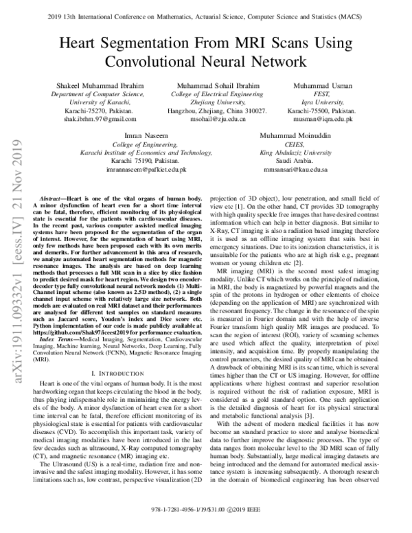 (PDF) Heart Segmentation From MRI Scans Using Convolutional Neural Network