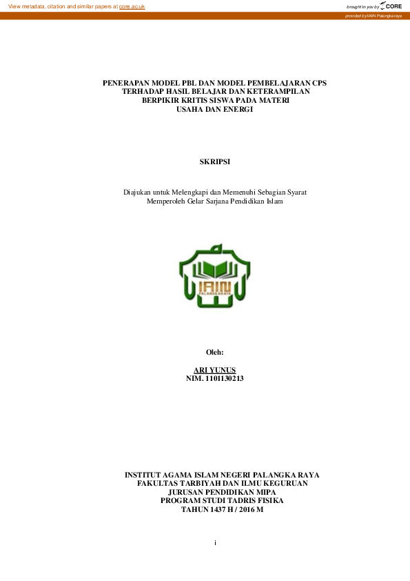 Pdf Penerapan Model Pbl Dan Model Pembelajaran Cps Terhadap Hasil