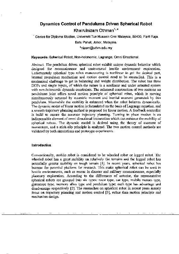 (PDF) Dynamics Control of Pendulums Driven Spherical Robot