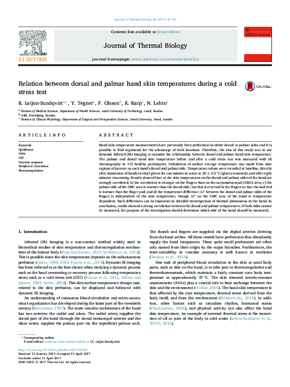 (PDF) Relation between dorsal and palmar hand skin temperatures during ...