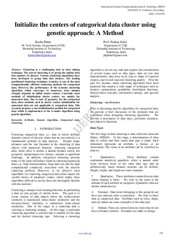 (PDF) Initialize the centers of categorical data cluster using genetic approach: A Method